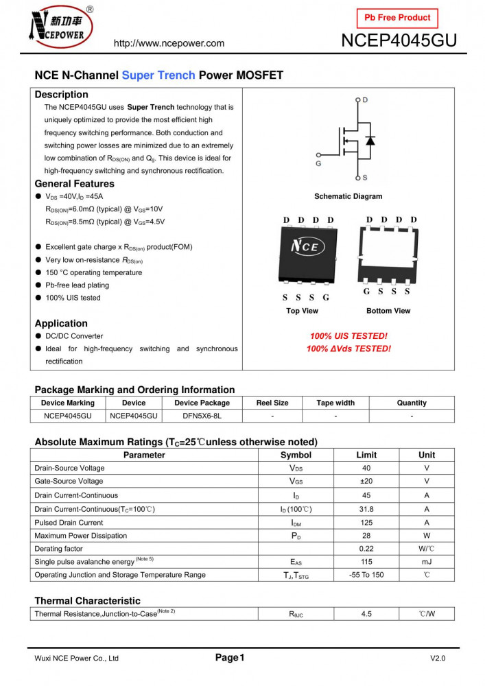 NCEP4045GU datasheet page 1