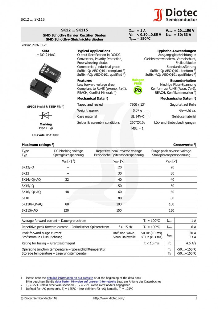 DIOTEC SK12 datasheet page 1