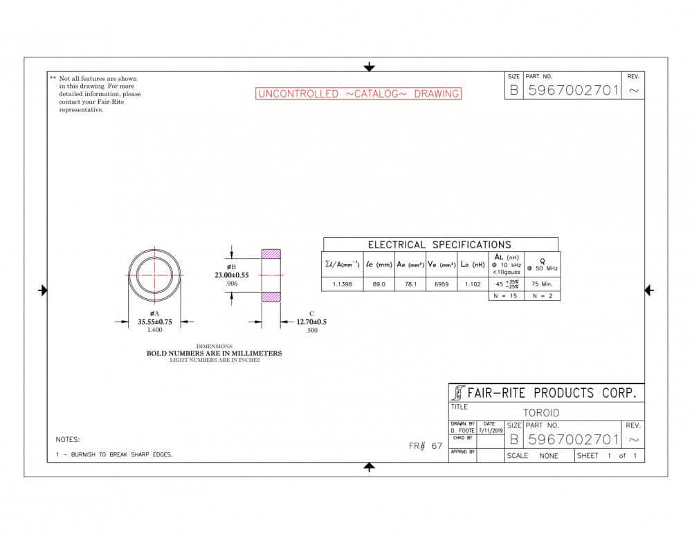 Fair-Rite 5967002701 catalog drawing