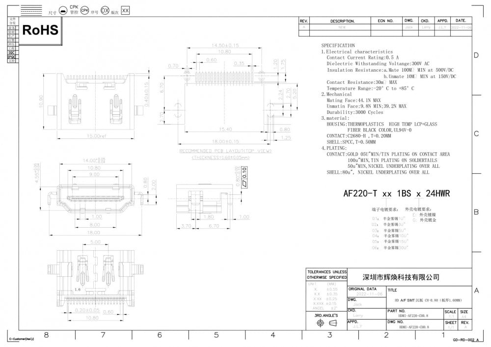 HDMI-AF220-CH0.8 technical drawing page 1