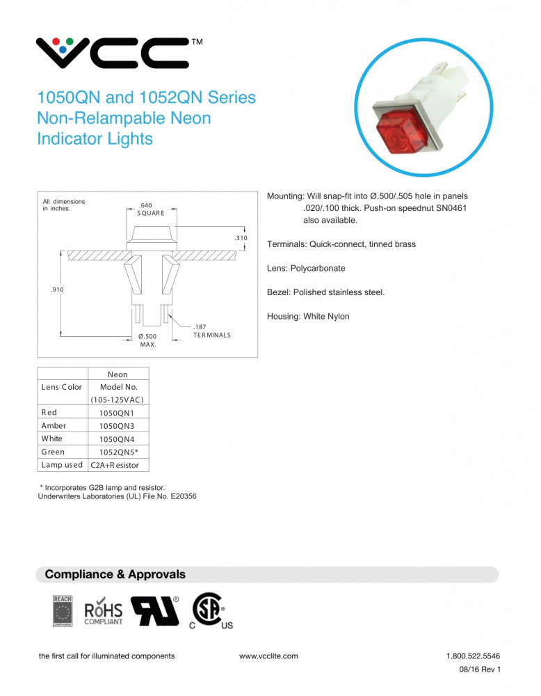 VCC 1050QN and 1052QN series non-relampable neon indicator documentation