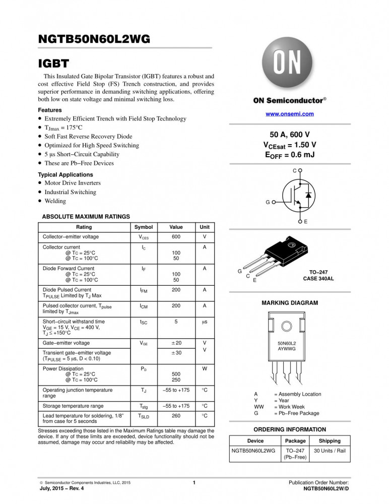 NGTB50N60L2WG datasheet page 1