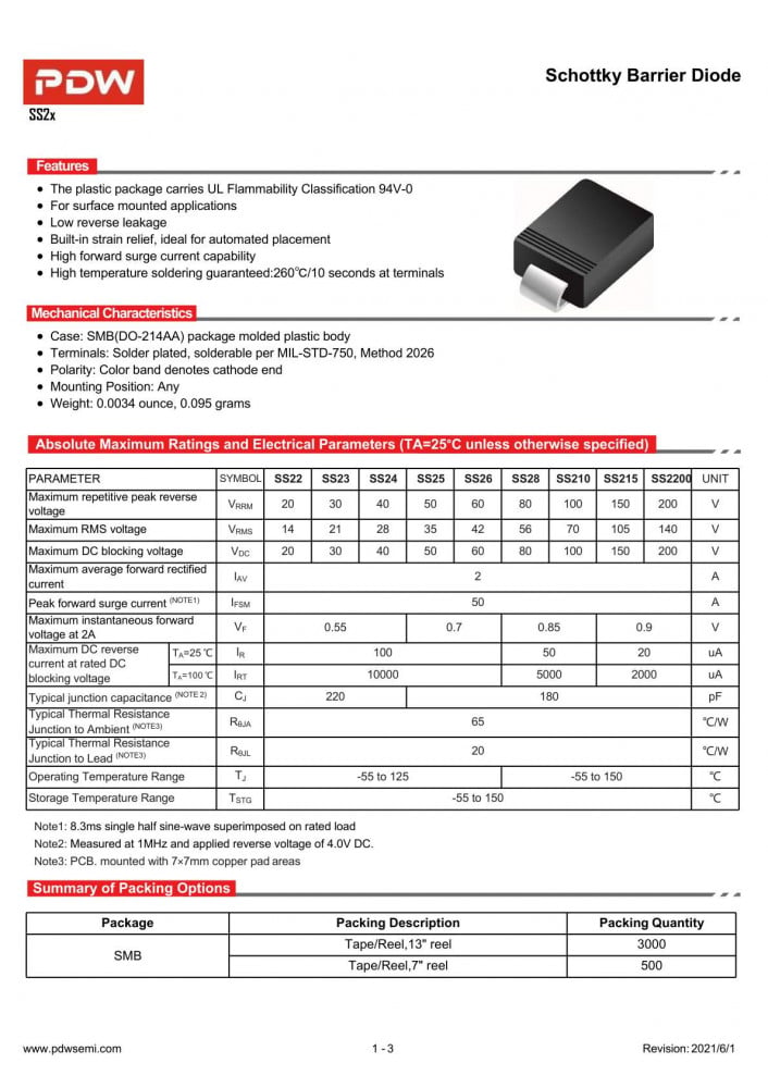 PDW SS210B datasheet page 1
