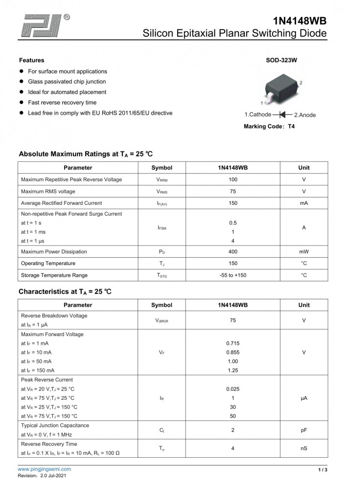 PJSEMI 1N4148WB datasheet page 1