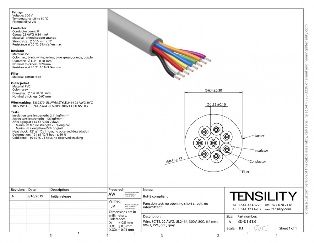 Tensility International 30-01318 cable specification drawing