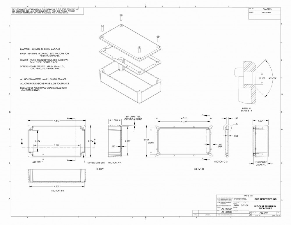 Bud Industries CN-5703 die-cast aluminum enclosure product drawing