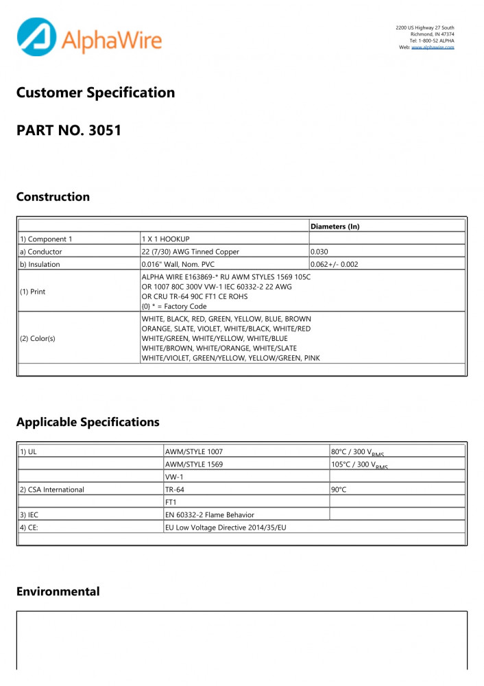 Alpha Wire 3051 WY005 technical document page 1