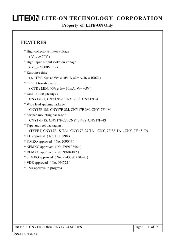 CNY17F series datasheet page 1