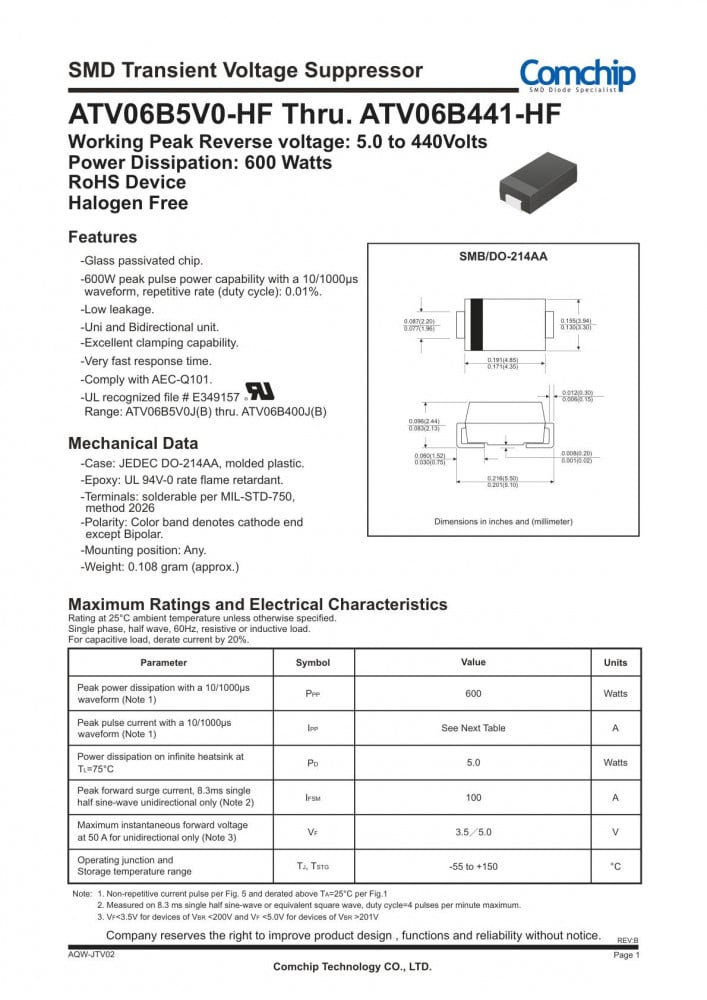 Comchip ATV06B600JB-HF datasheet page 1
