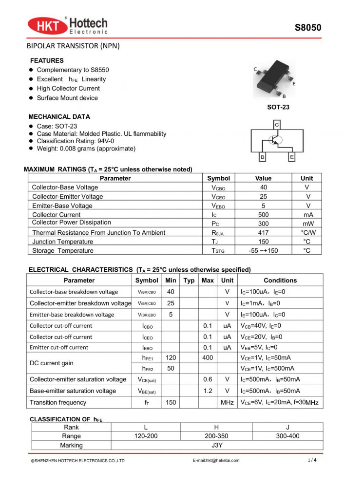 S8050 datasheet page 1