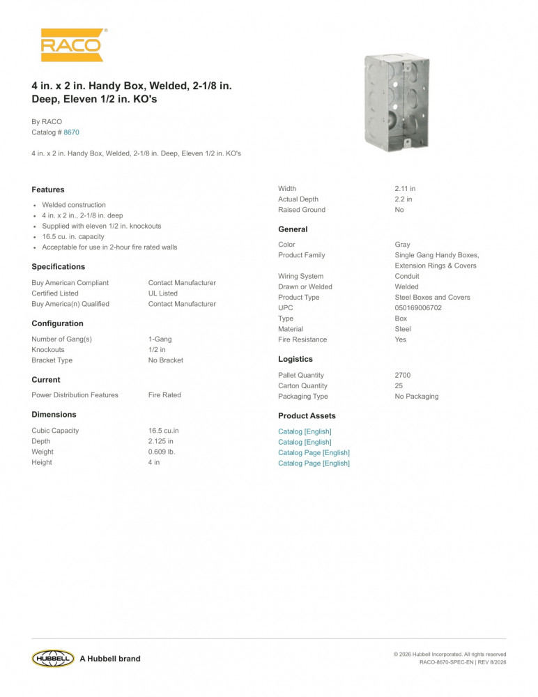 Product documentation image for RACO catalog 8670