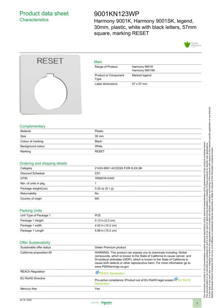 9001KN123WP technical document page 1