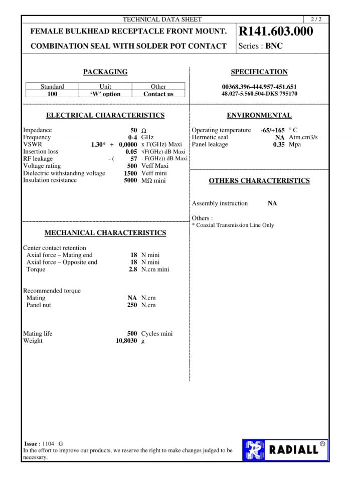 Radiall R141603000 technical document page 2