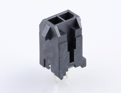Micro-Fit 3.0 Vertical Header, 3.00mm Pitch, Dual Row, 2 Circuits, Straight Tail, with PCB Polarizing Peg, 0.76µm Gold Plating, Glow-Wire Capable, Black, Tape and Reel, with Pick and Place Cap