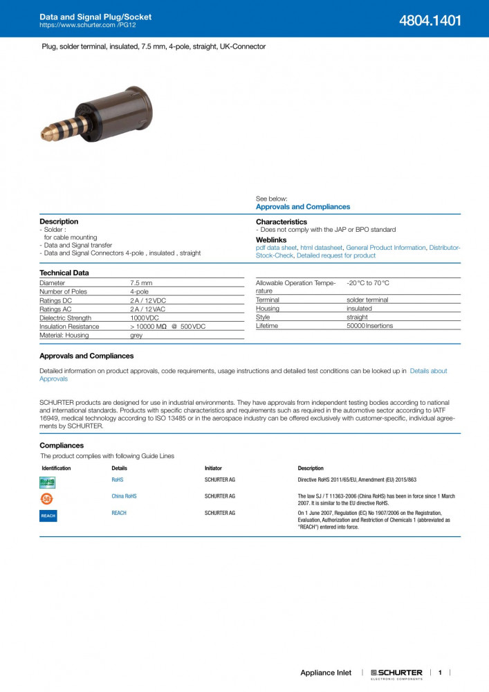 SCHURTER 4804.1401 technical document page 1