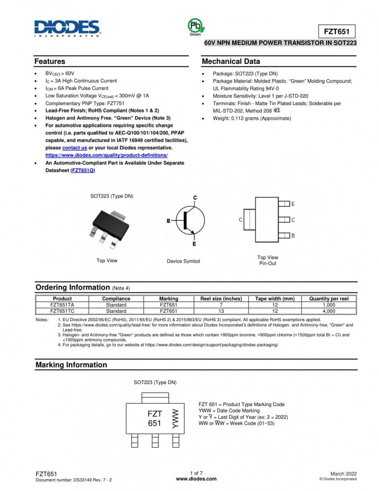 FZT651TA datasheet page 1