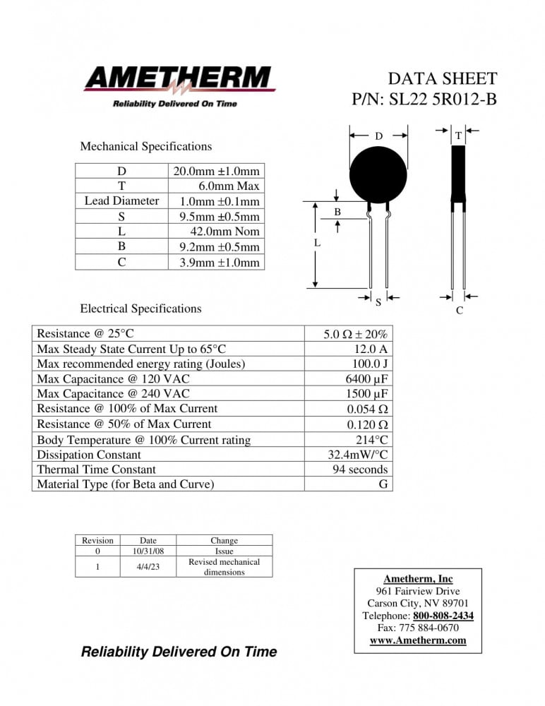 Ametherm SL22 5R012-B datasheet page