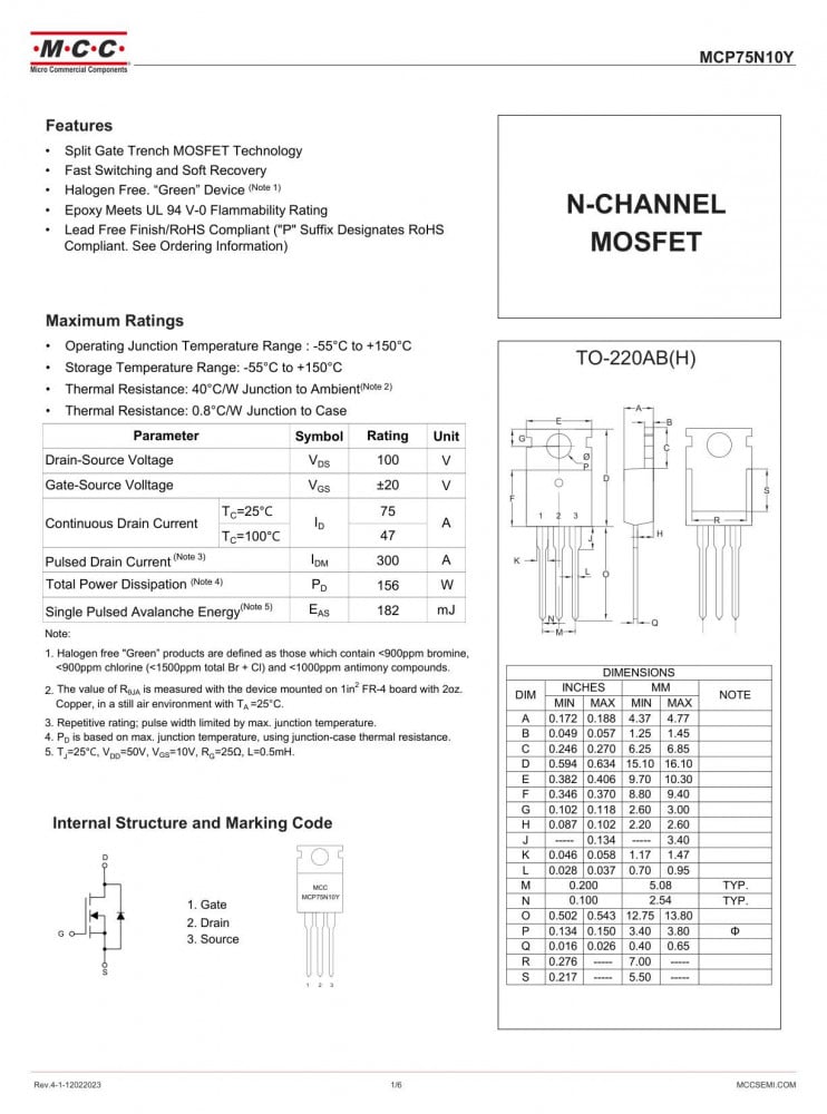 MCP75N10Y-BP datasheet page 1