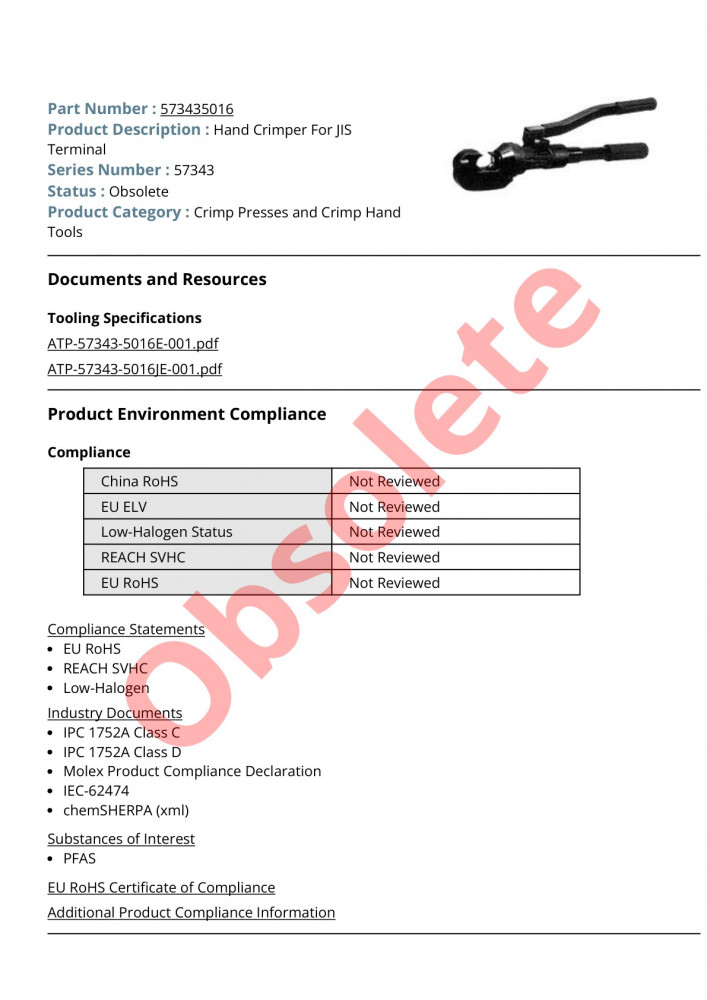 Tooling document image 1 for MOLEX part 573435016