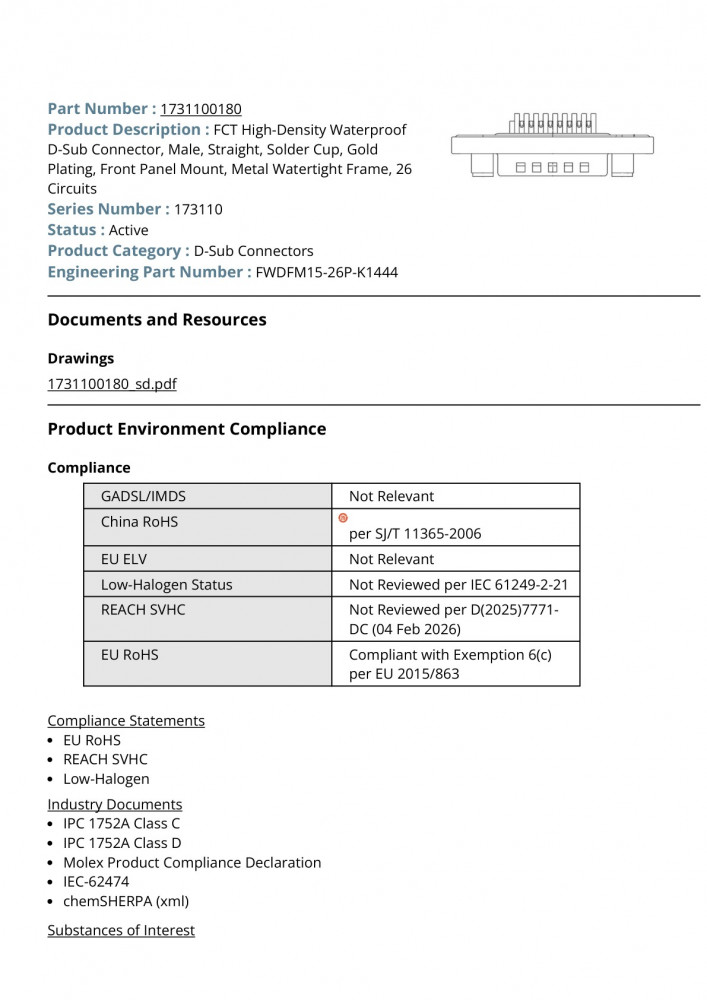 MOLEX 1731100180 product drawing page 1