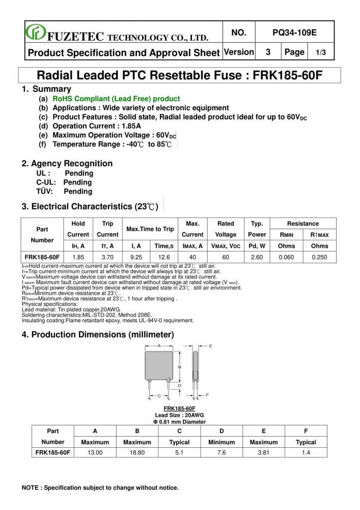 FRK185-60F specification sheet page 1