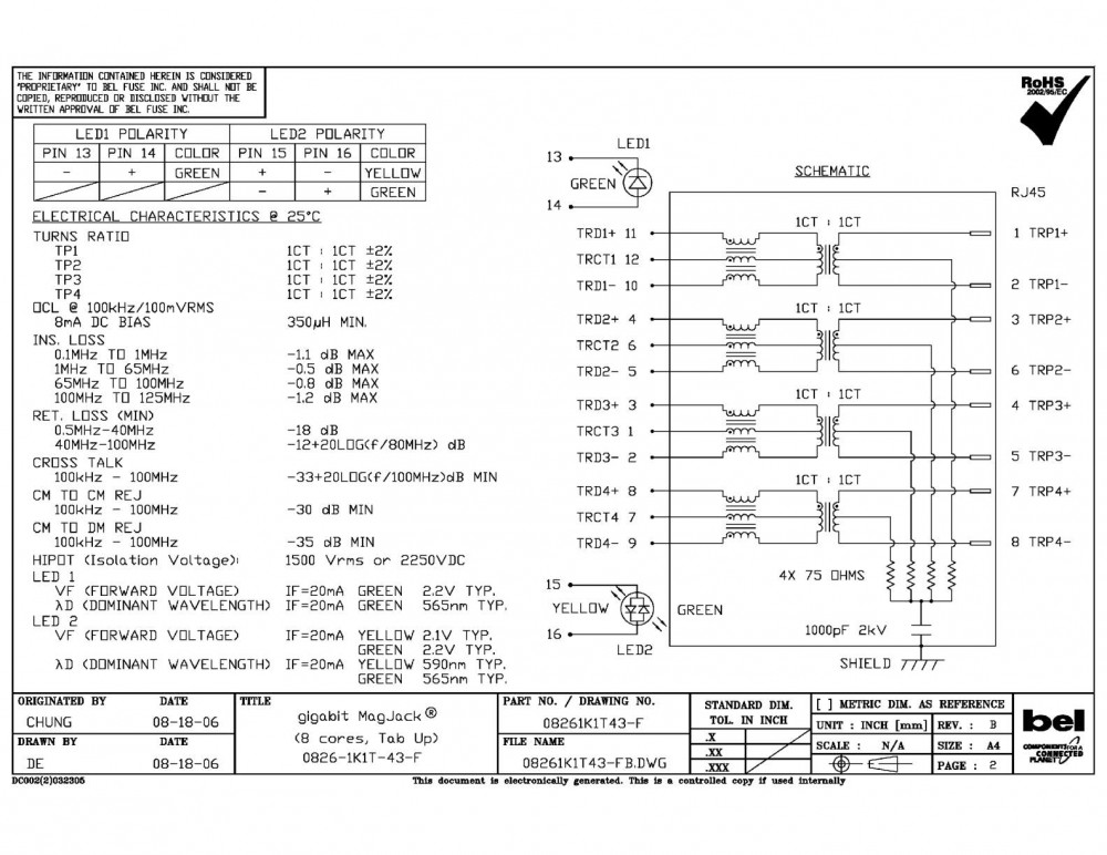 Bel Fuse 0826-1K1T-43-F technical drawing page 1