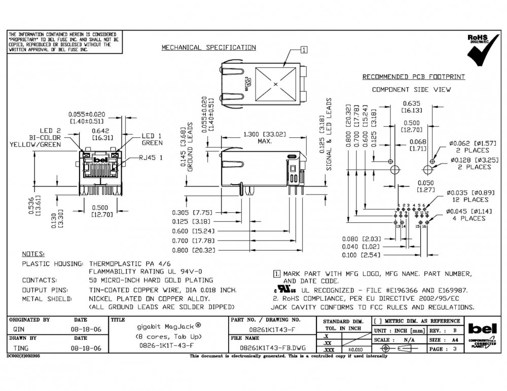Bel Fuse 0826-1K1T-43-F technical drawing page 2