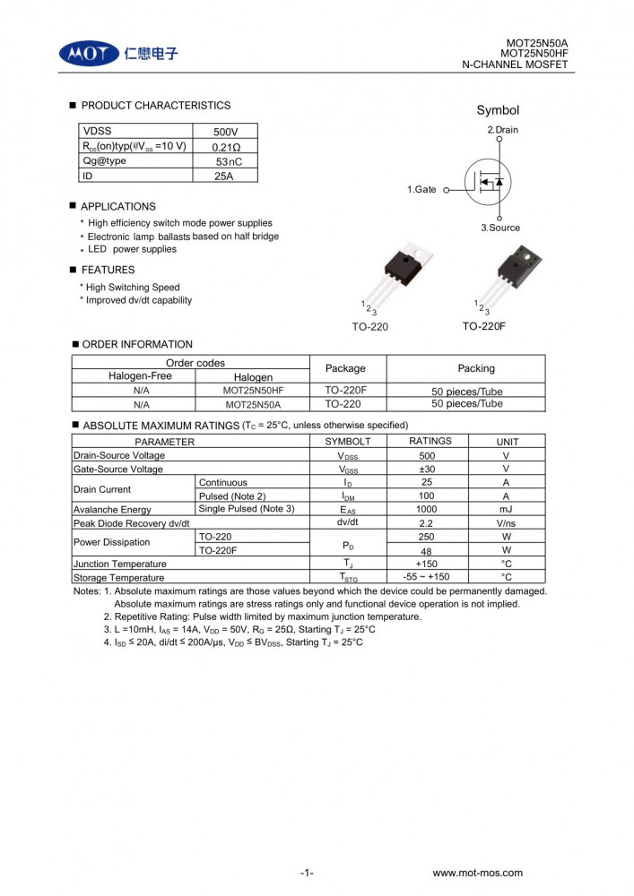 MOT25N50HF datasheet page 1