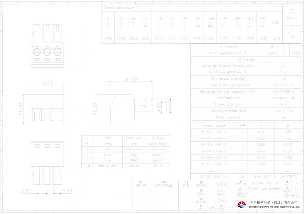 Megastar ZX-DGK-3.81-2P technical drawing