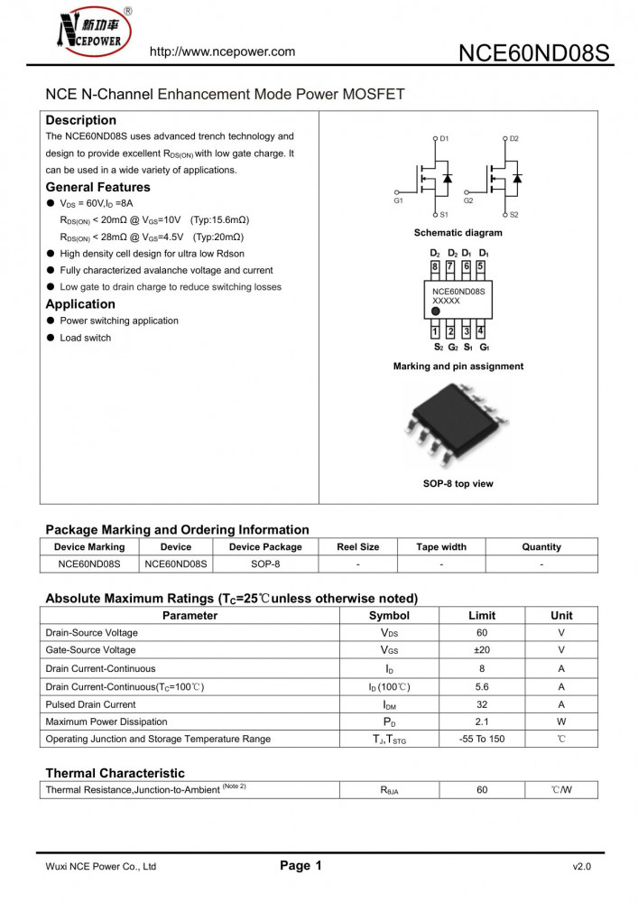 NCE60ND08S datasheet page 1