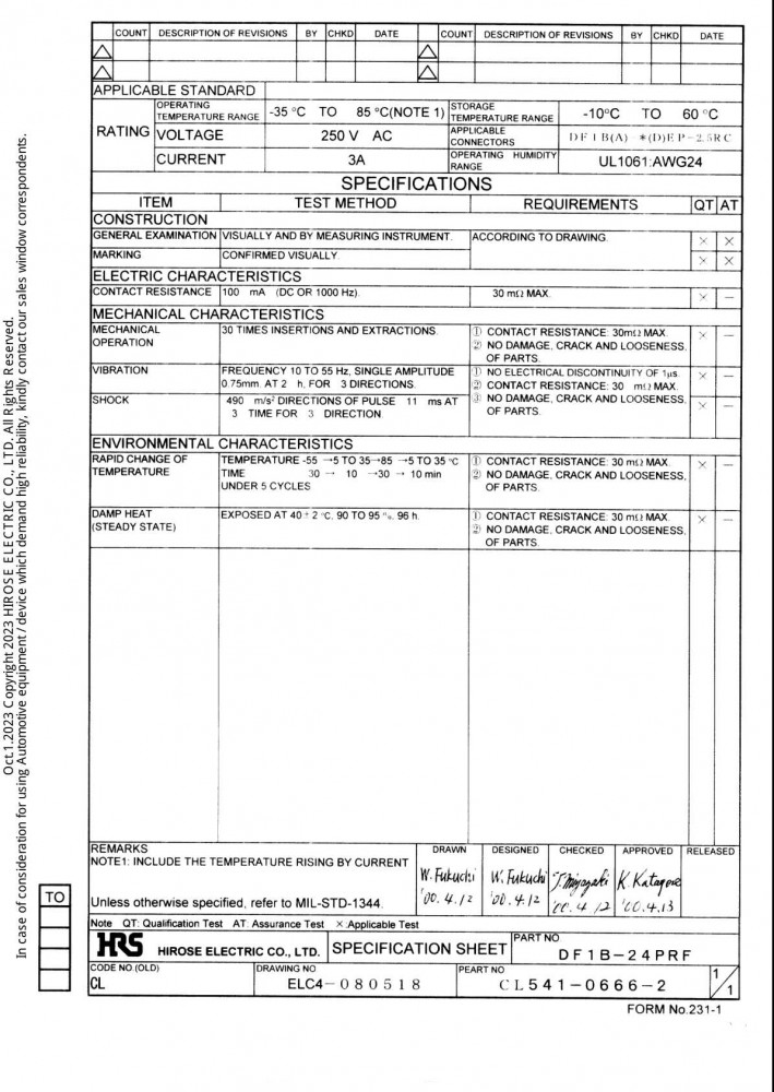 HRS DF1B-24PRF specification sheet preview