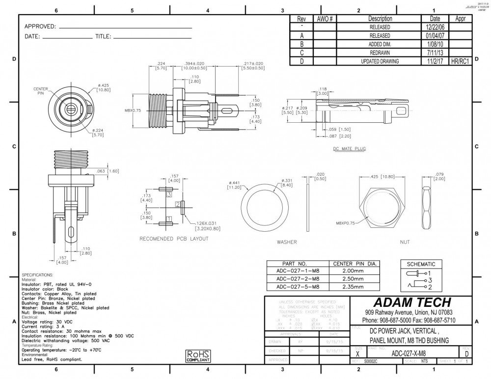 ADAM TECH ADC-027 series vertical DC power jack drawing