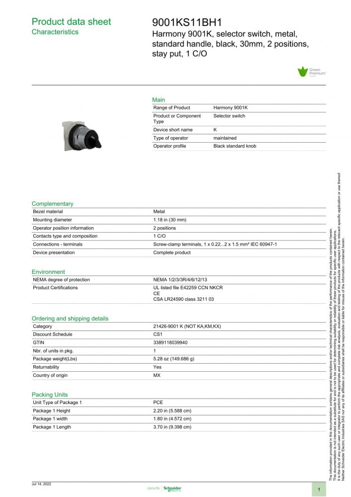 9001KS11BH1 technical document page 1