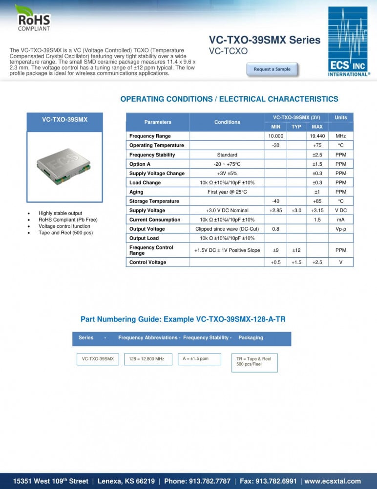 ECS VC-TXO-39SMX technical datasheet page 1