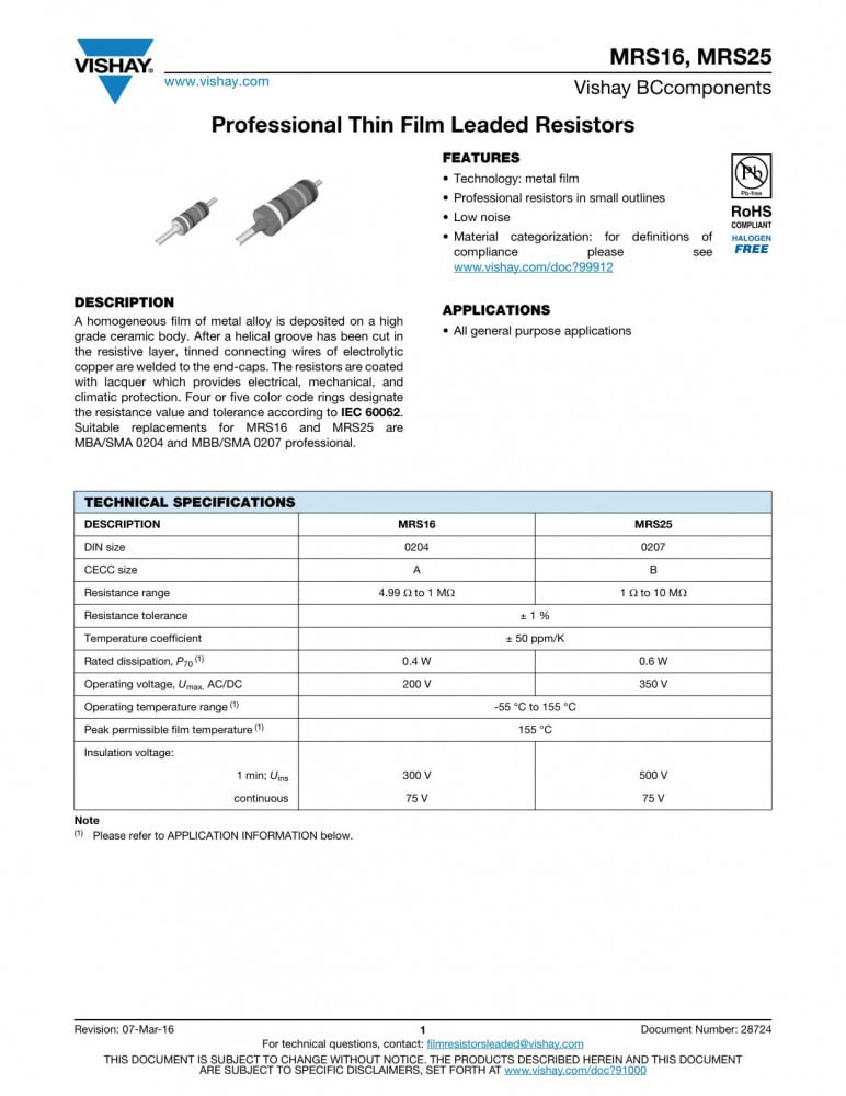 VISHAY MRS resistor datasheet page 1