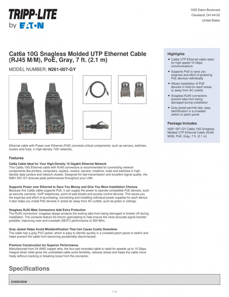 N261-007-GY product documentation, page 1