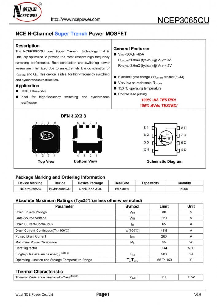 NCEP3065QU datasheet page 1