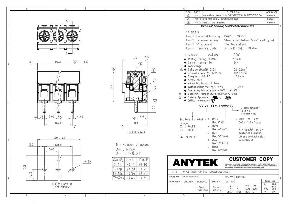 KY 5.0 Series 180 degree terminal block technical drawing