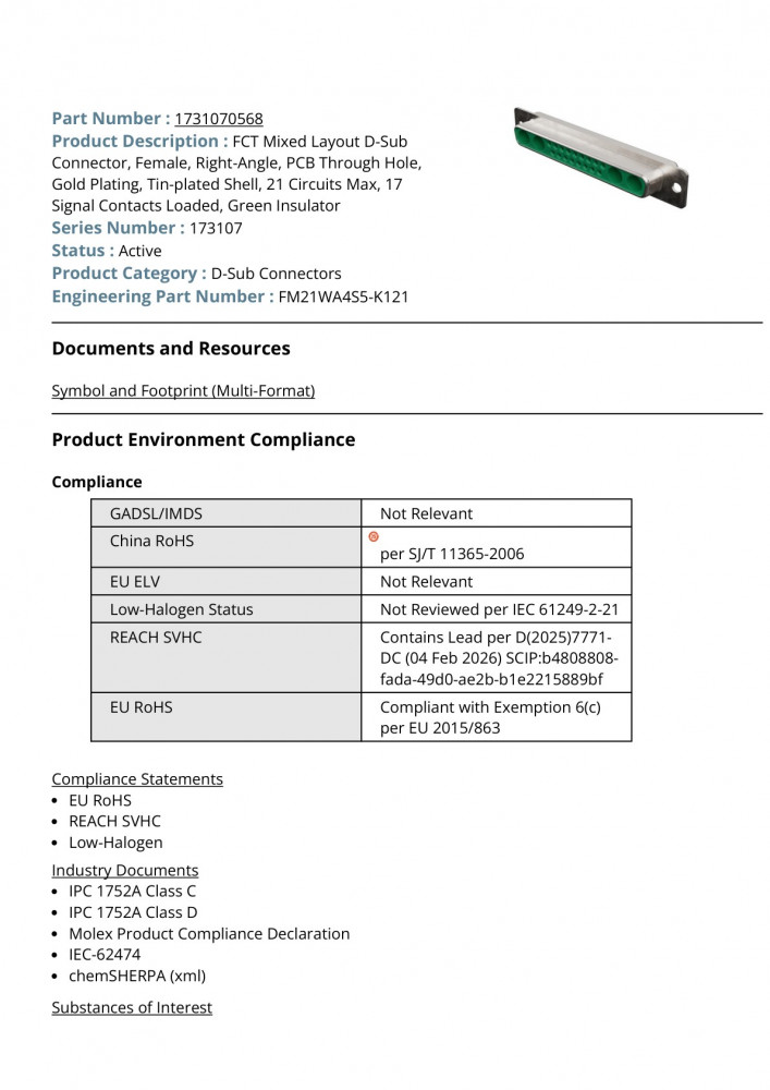 Technical document page 1 for MOLEX 1731070568