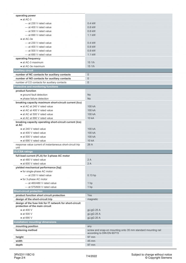 SIEMENS 3RV23111BC10 datasheet page 2