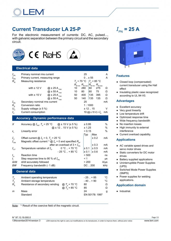 LEM LA25-P datasheet page 1