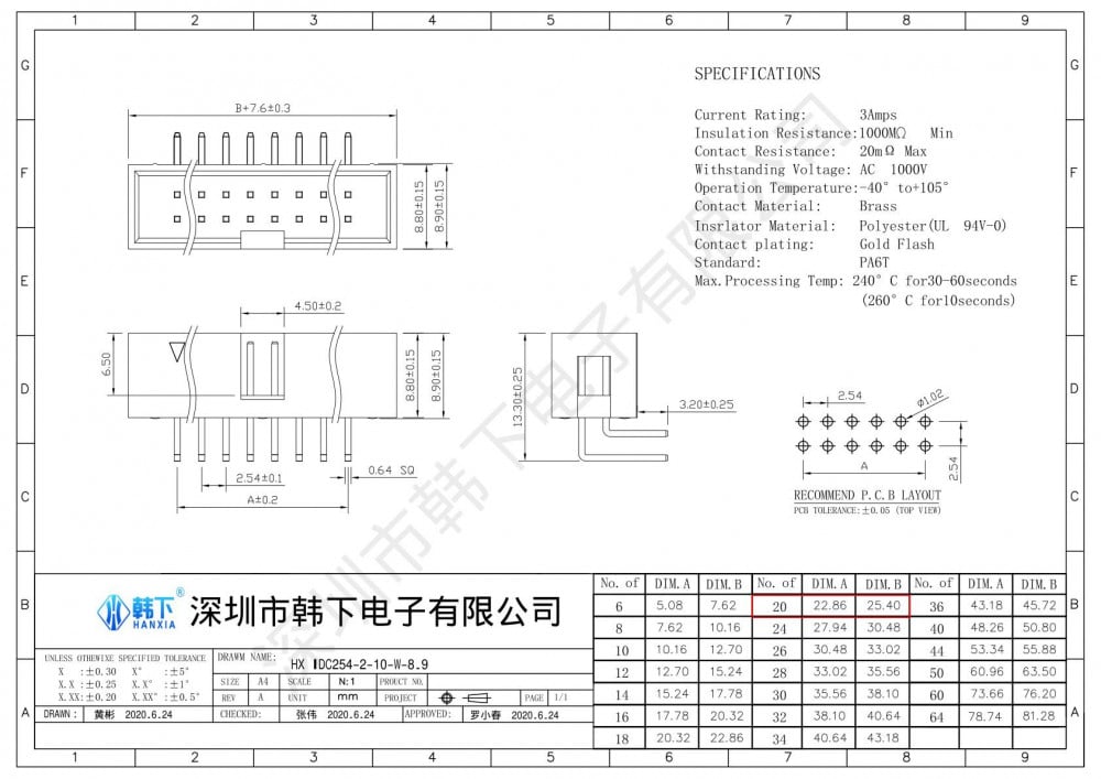 HANXIA HX IDC254-2-10-W-8.9 technical drawing