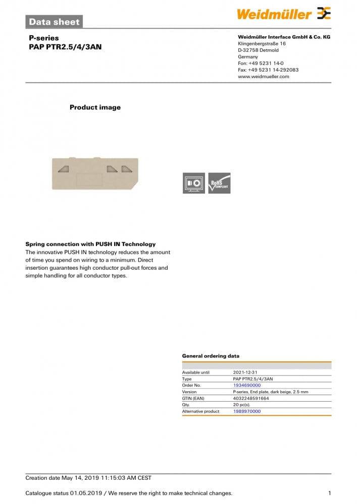 WEIDMULLER 1934690000 technical document page 1