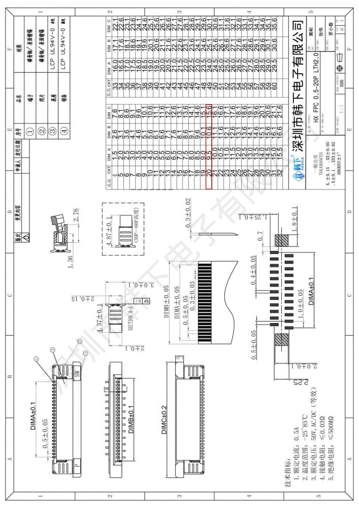 HX FPC 0.5-20P LTH2.0 document page 1