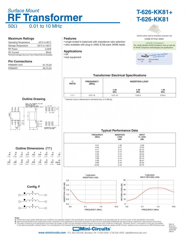 Mini-Circuits T-626-KK81+ technical document image