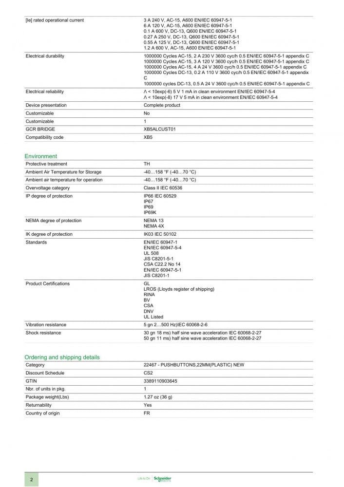 XB5AL42 technical document page 2