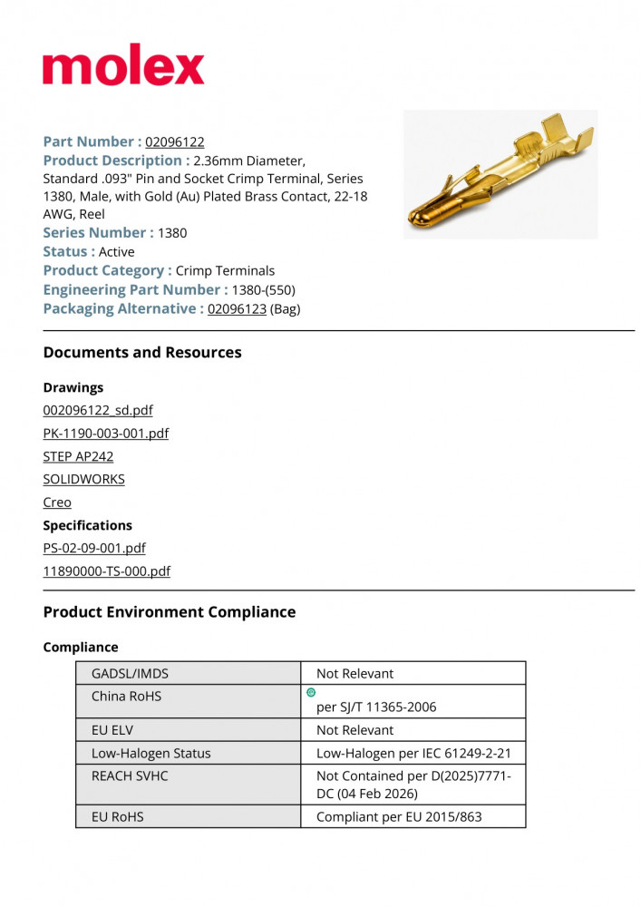 MOLEX .093 Standard Pin Terminals document page 1