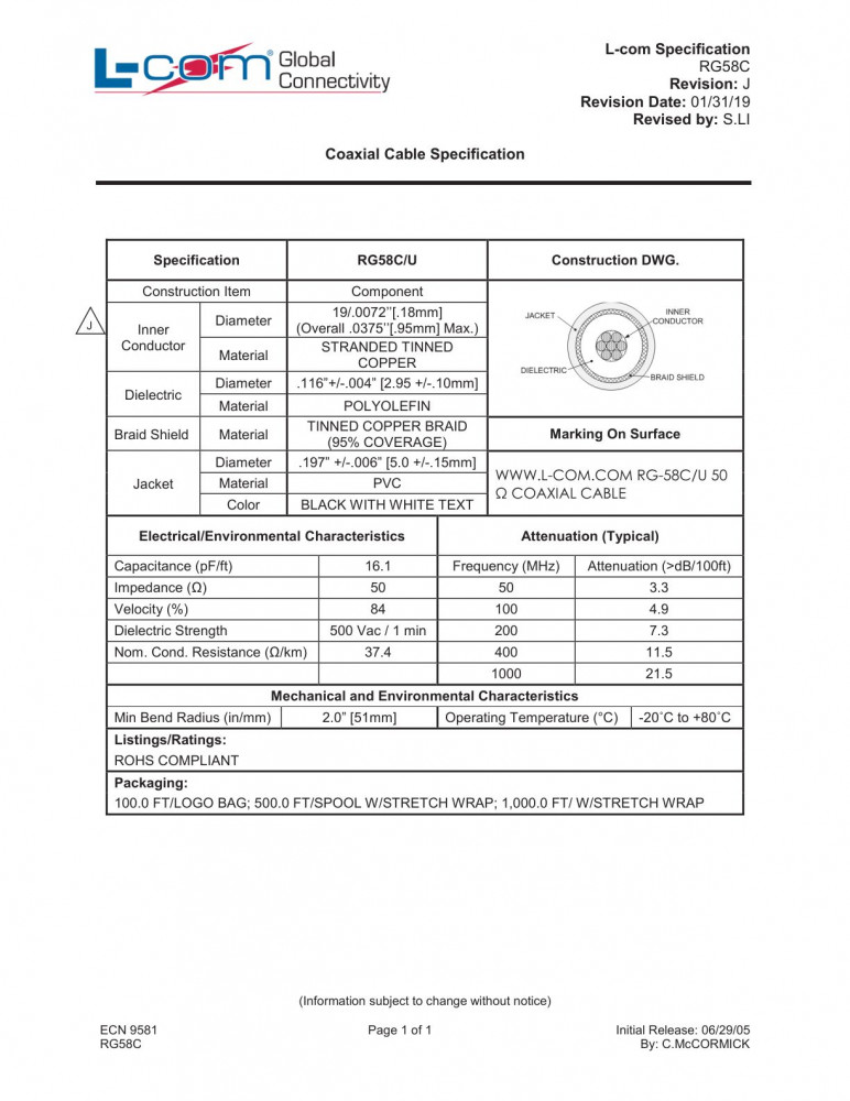 L-com RG58C-100 RG-58C/U coaxial cable specification document