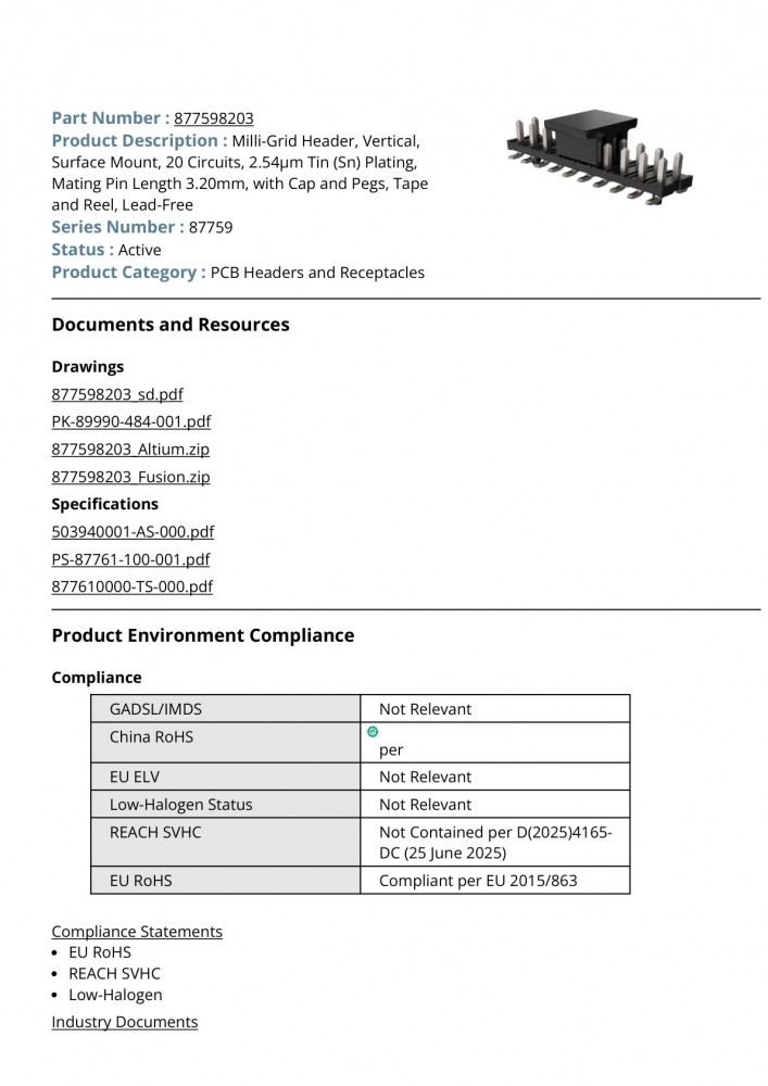 MOLEX 877598203 technical document page 1