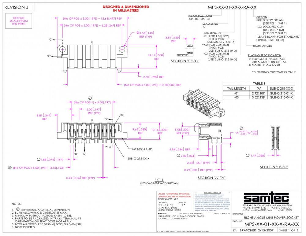 Samtec MPS series dimensional drawing, MPS-08-01-03-L-RA-SD family configuration